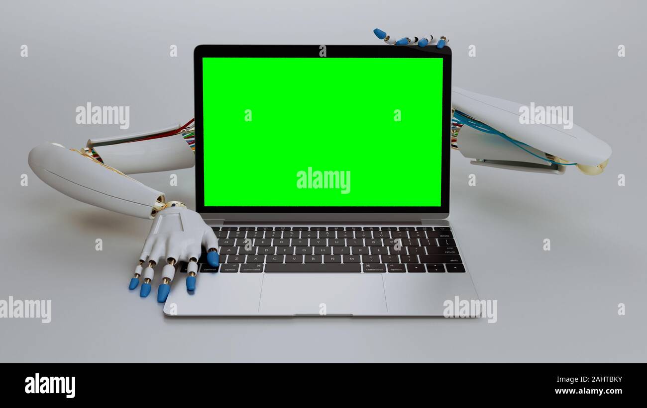 Robot hands coming out from behind laptop pc Stock Photo - Alamy