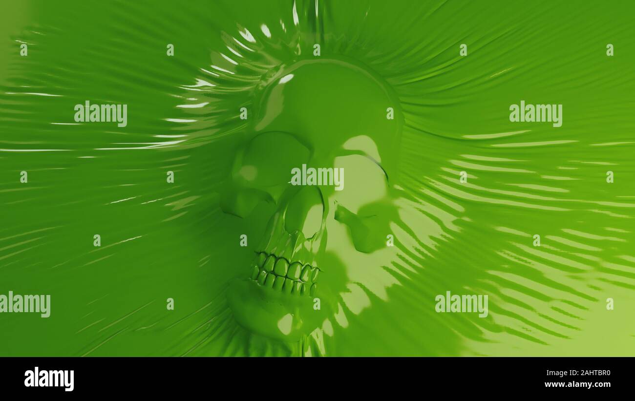 Skull rising under glossy green rubber sheet Stock Photo - Alamy