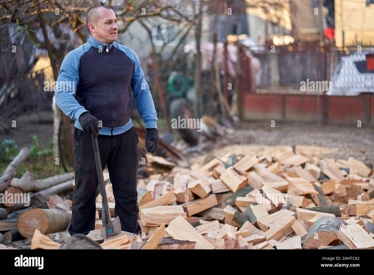 Rural man splitting logs with axe and maul in his backyard Stock Photo ...