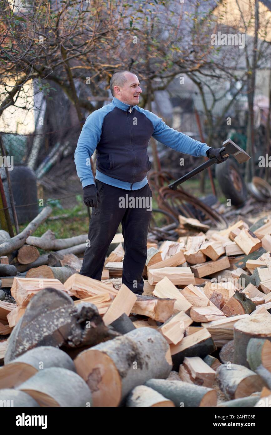 Rural man splitting logs with axe and maul in his backyard Stock Photo ...
