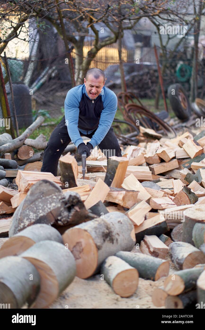 Rural man splitting logs with axe and maul in his backyard Stock Photo ...