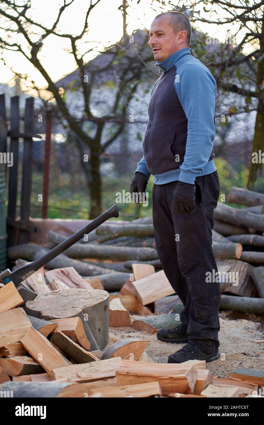 Rural man splitting logs with axe and maul in his backyard Stock Photo ...