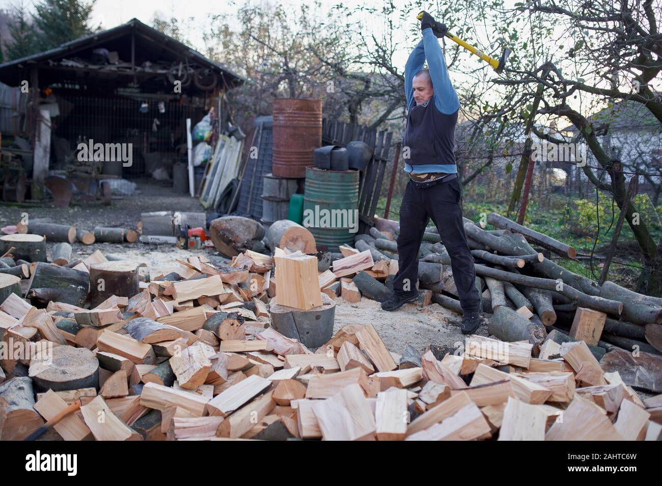 Rural man splitting logs with axe and maul in his backyard Stock Photo ...