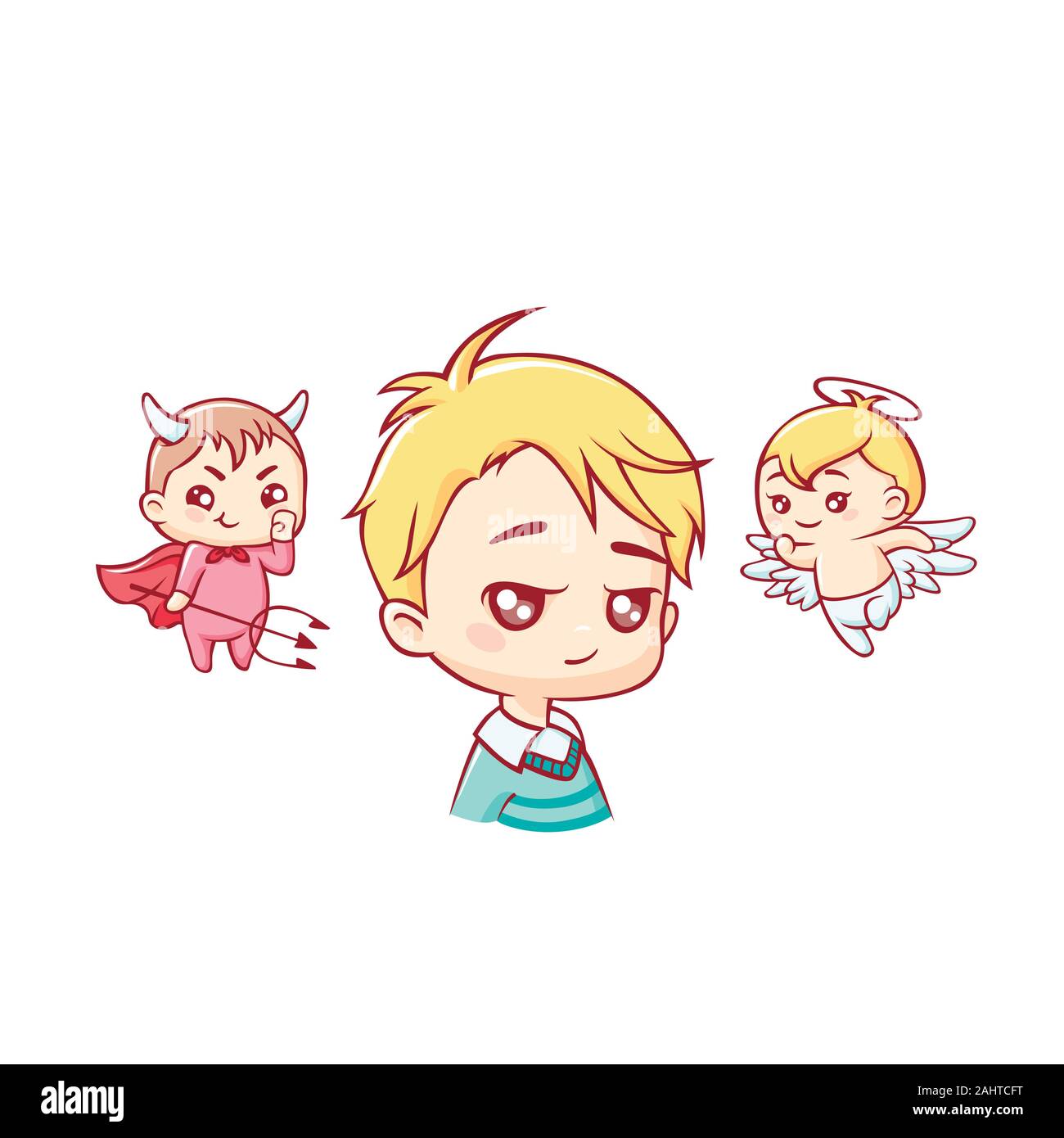 Portrait of cute little kid boy with angel and demon above his head ...
