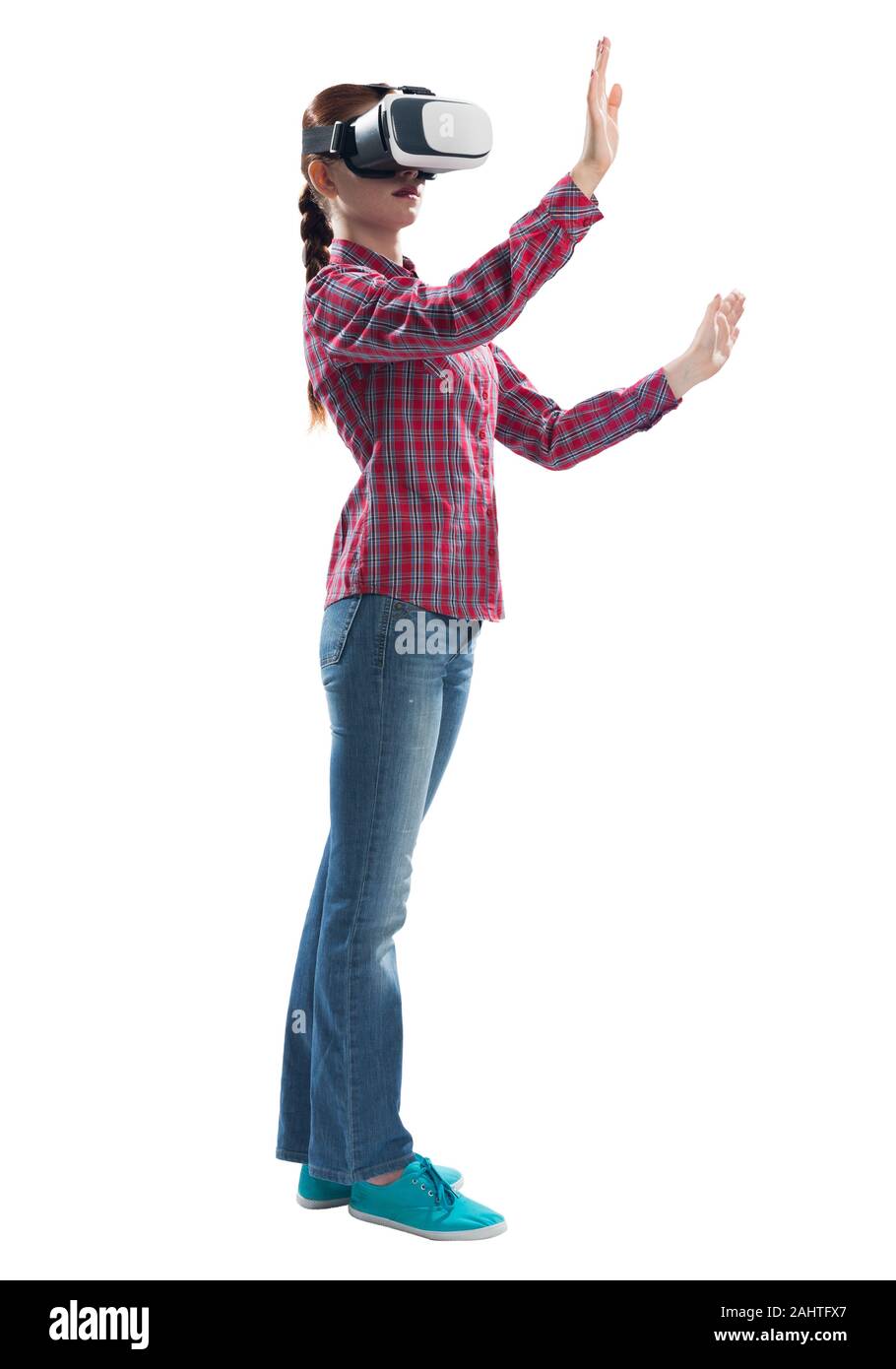 Young woman exploring virtual world, interacting with digital interface ...