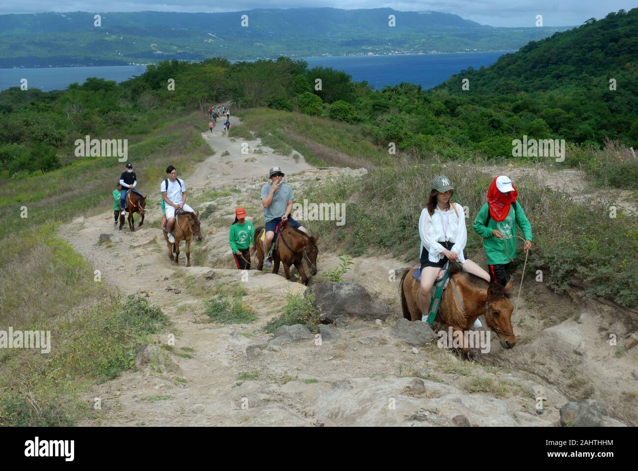 Horses carry Korean tourists up to the top of Taal Volcano, Talisay ...