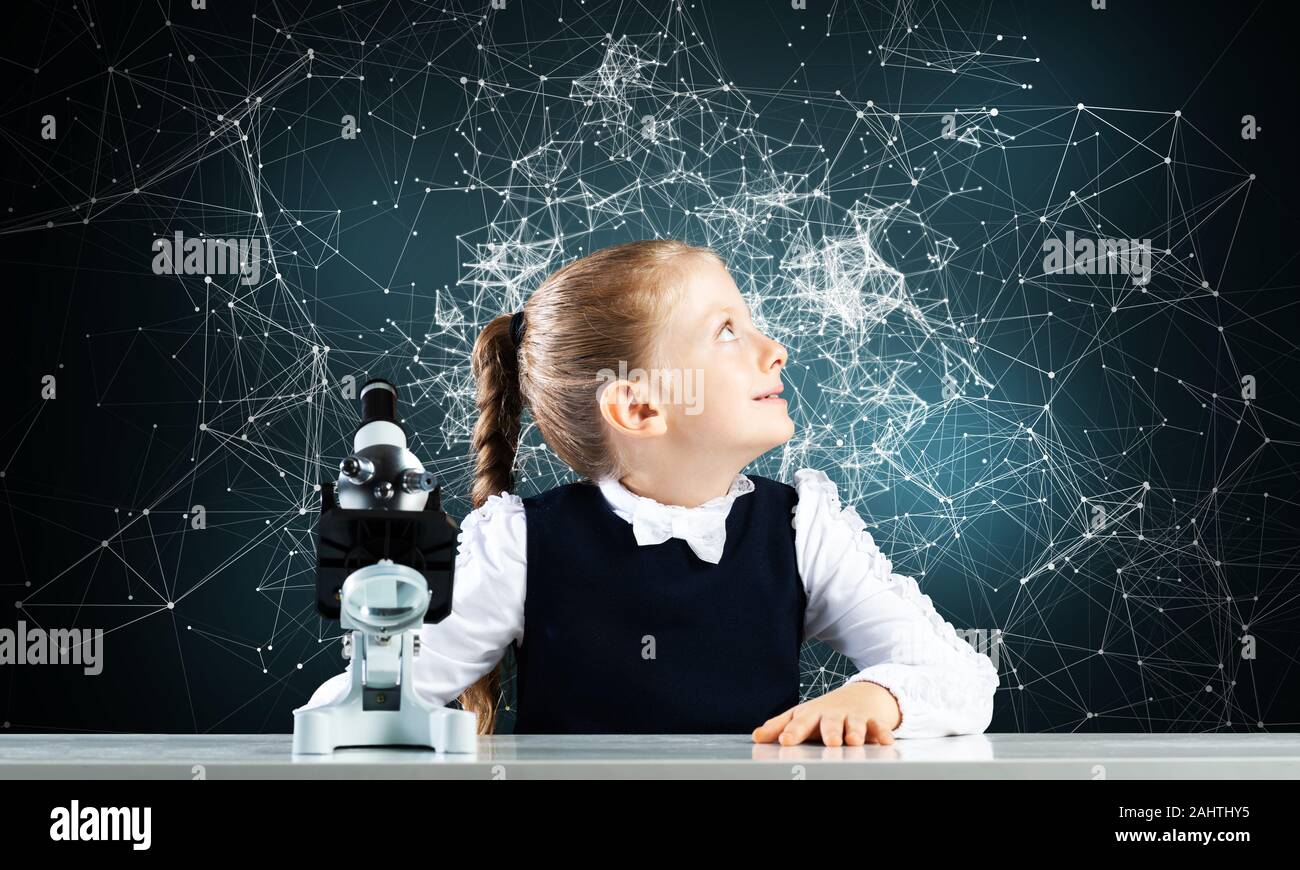 Little girl scientist with microscope on plexus background. Research ...