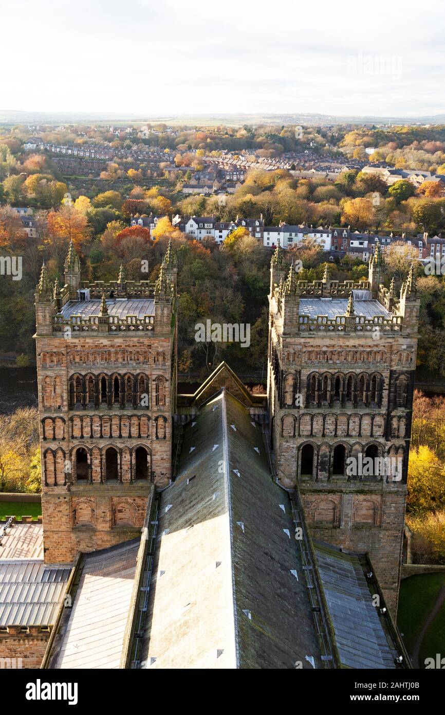 The rooftop and towers of Durham Cathedral in Durham City, England. The ...