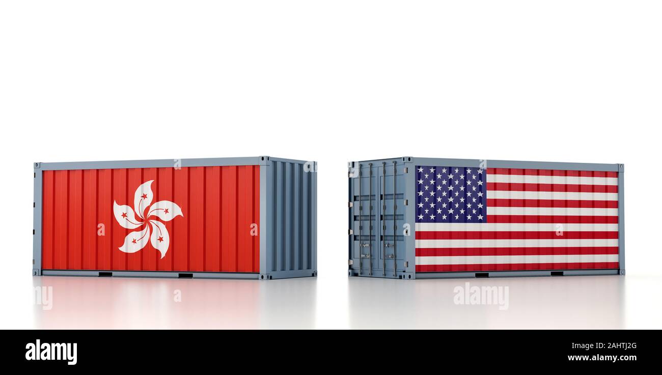 Freight container with USA and Hong Kong flag. 3D Rendering Stock Photo ...