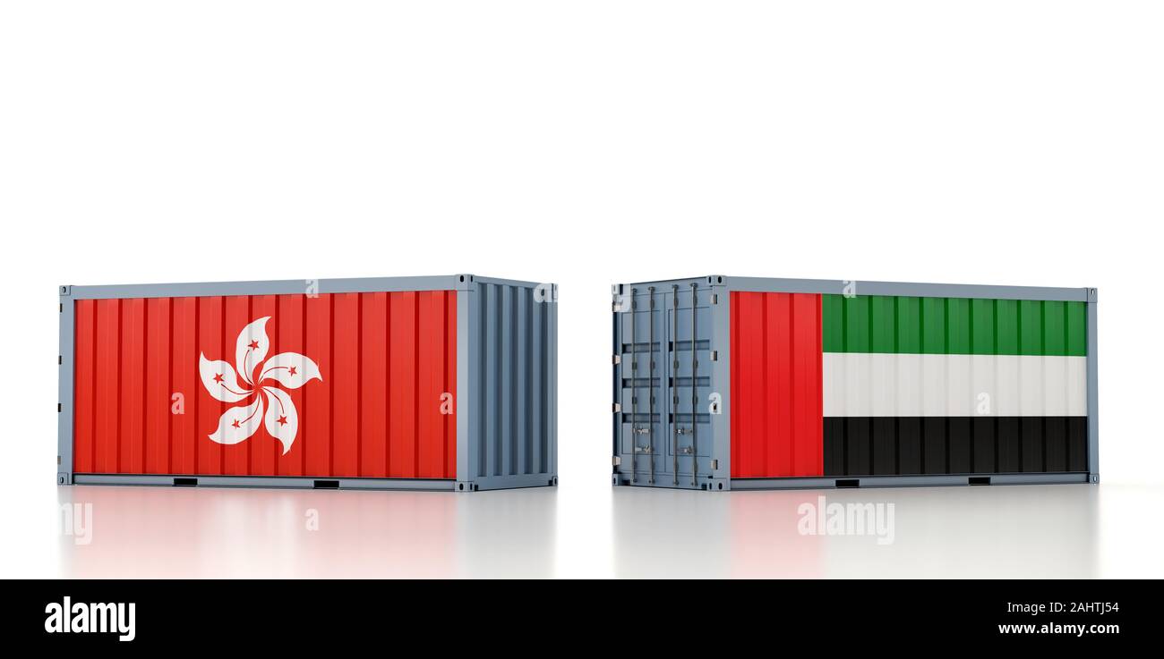 Freight container with United Arab Emirates and Hong Kong flag. 3D ...