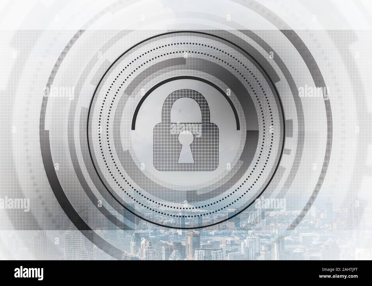 Virtual locking mechanism on background of downtown. Internet concept ...