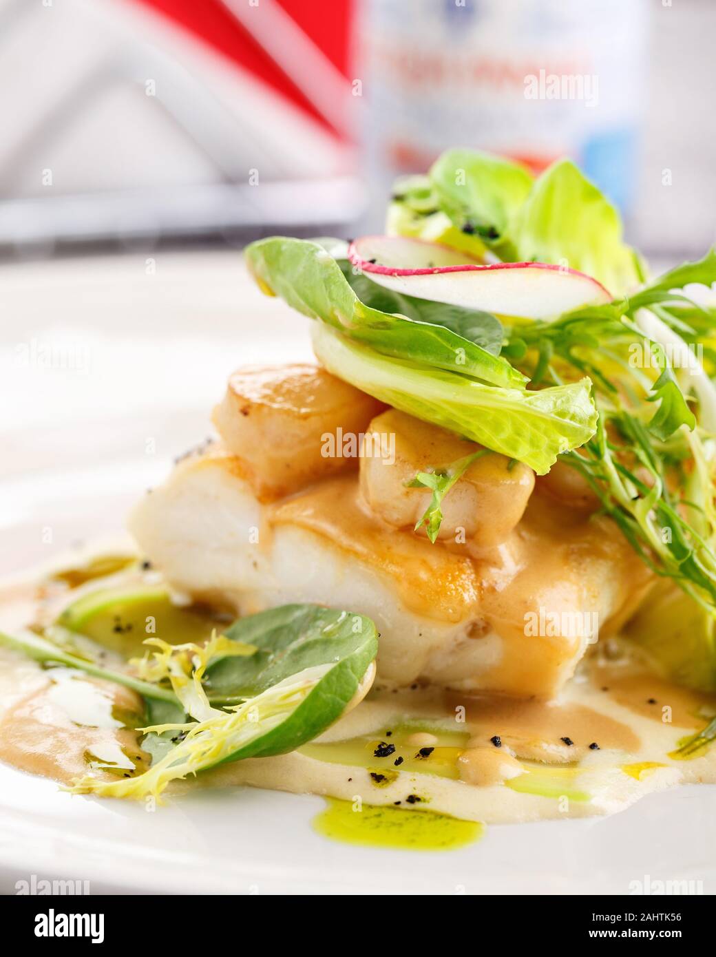 Back of cod with Far Eastern scallop and celery in oyster sauce and ...