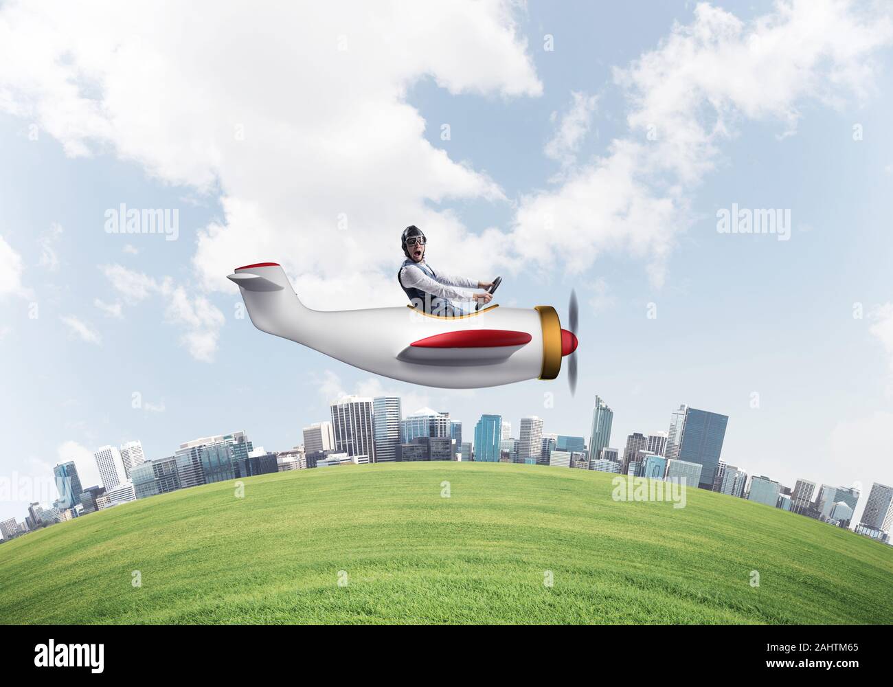 Aviator driving propeller plane above business center. Pilot in leather ...
