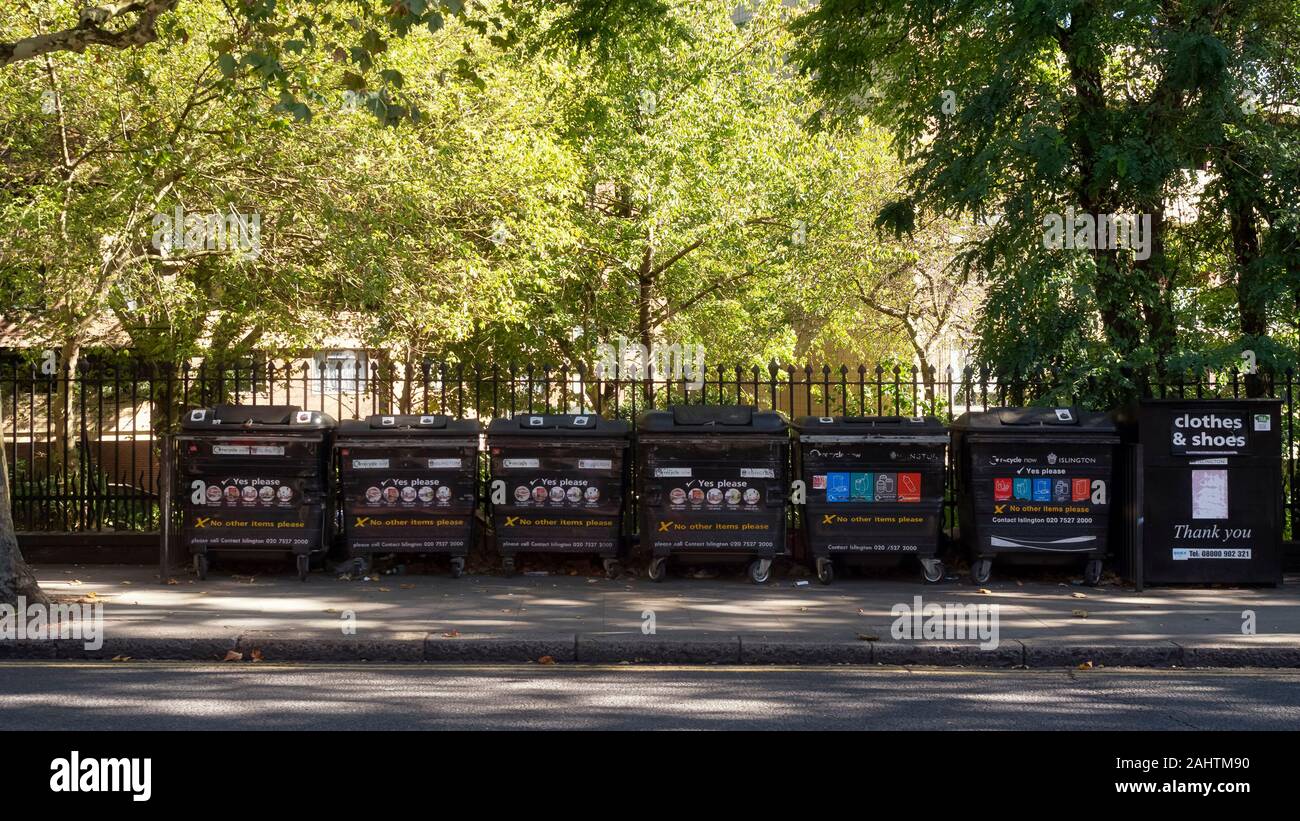 LONDON, UK - SEPTEMBER 27, 2018: Recycling Point with bins for ...