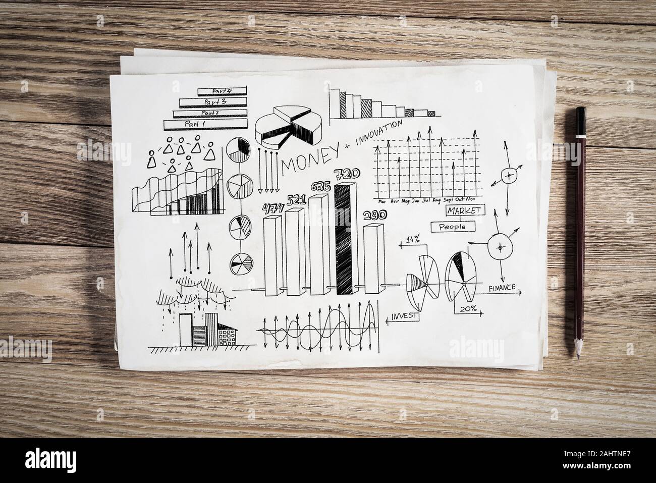 Investment statistics and analytics pencil hand drawn with group of ...