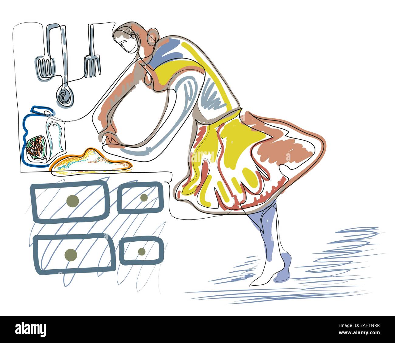 One continuous line drawing of woman making dough Simple line art ...