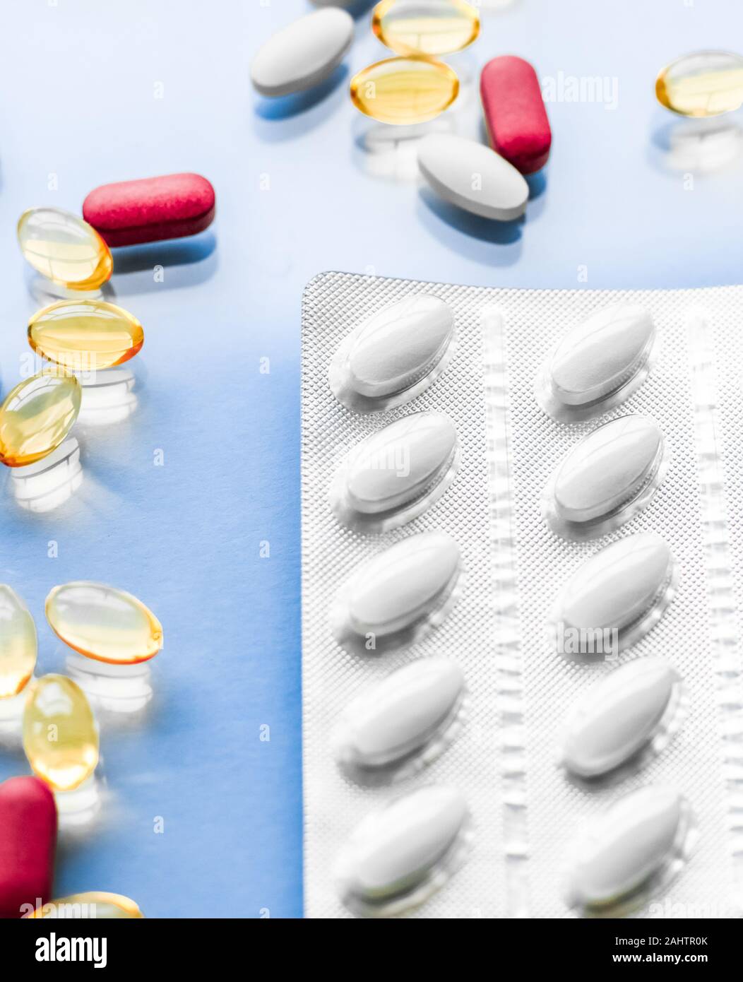 Pharma, branding and lab concept - Pills and capsules for diet ...