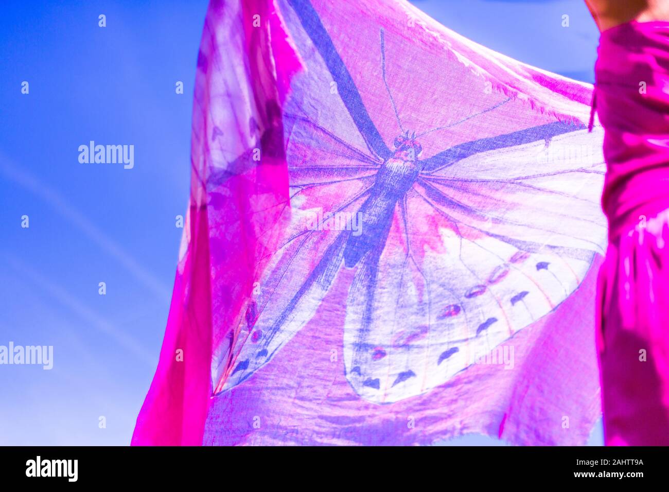 linen sheet with beautiful butterfly flying in the wind Stock Photo - Alamy