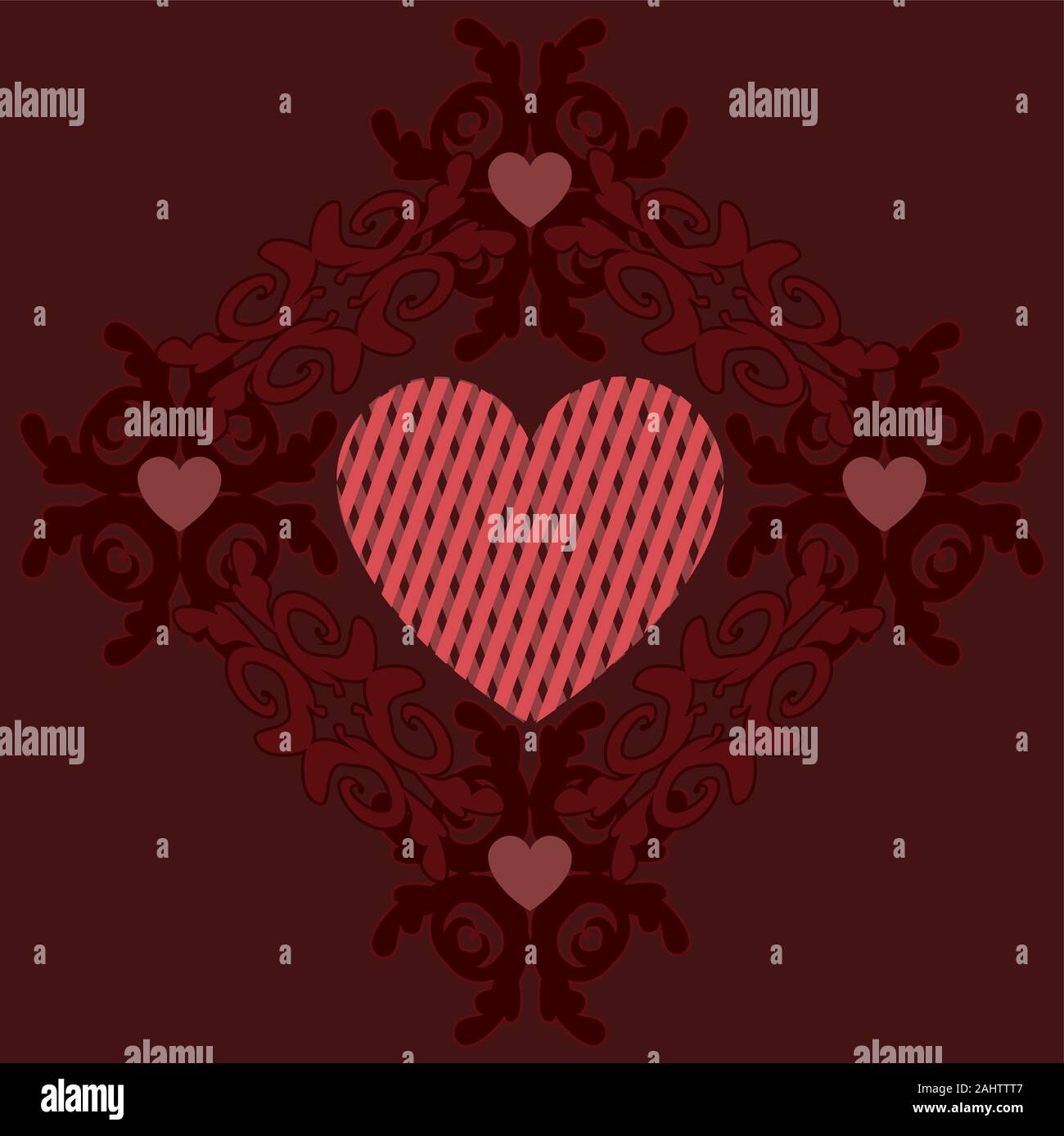 Illustration of dark red hearts ornament, pattern with flourish ...