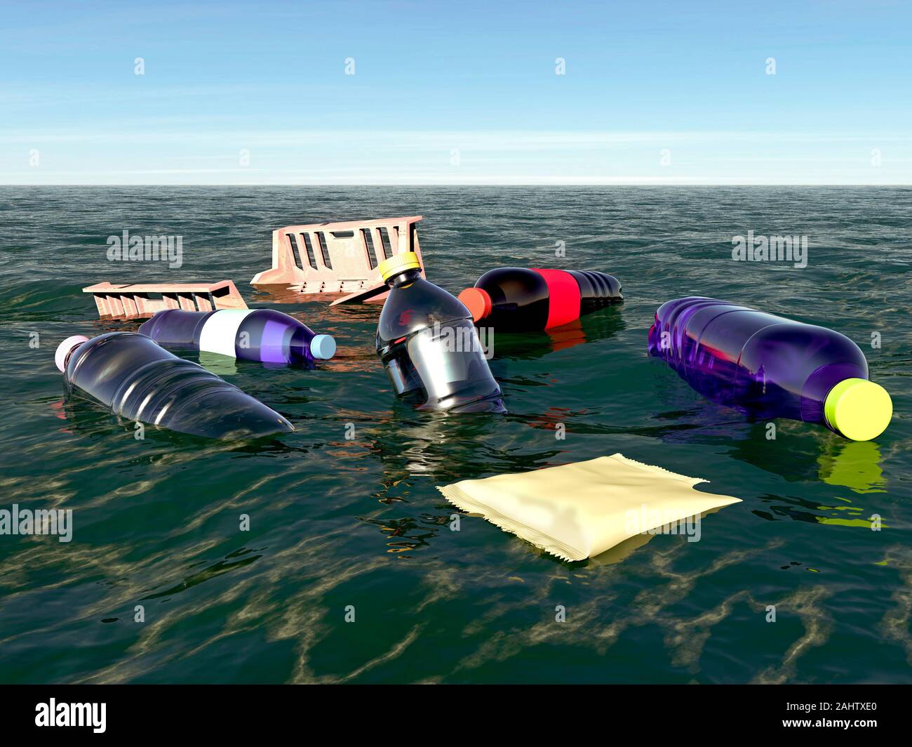 Polluted sea, garbage and plastic bottles floating in the sea. Floating ...