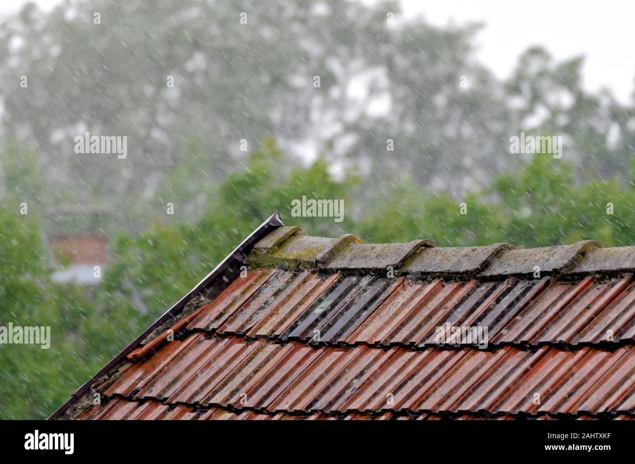 old roof with clay roofing shingles at heavy rain Stock Photo - Alamy