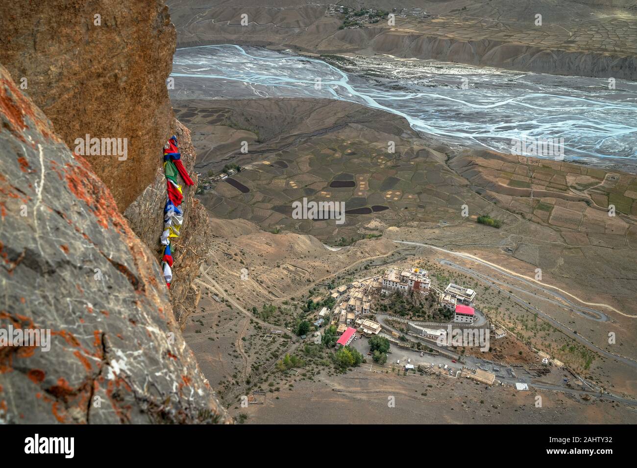 View of the ancient Key Monastery flanked by the high Himalayas and the ...