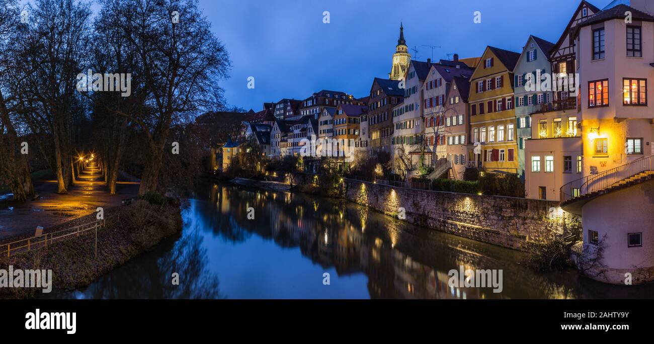 The colorful famous university town of Tubingen in Germany at dusk ...