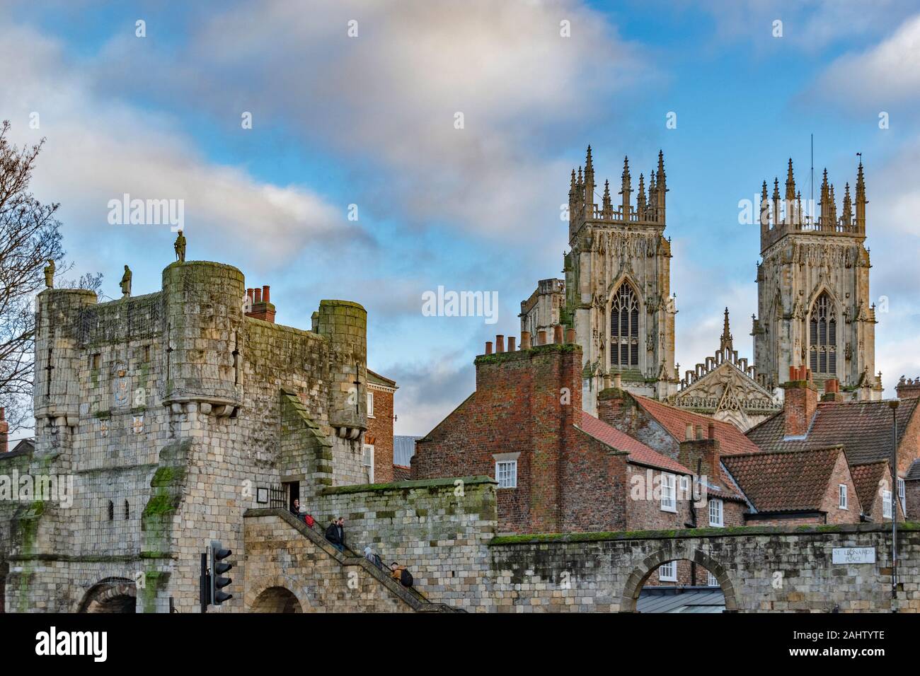YORK ENGLAND BOOTHAM BAR OR GATE WITH THREE STATUES AND THE TOWERS OF ...