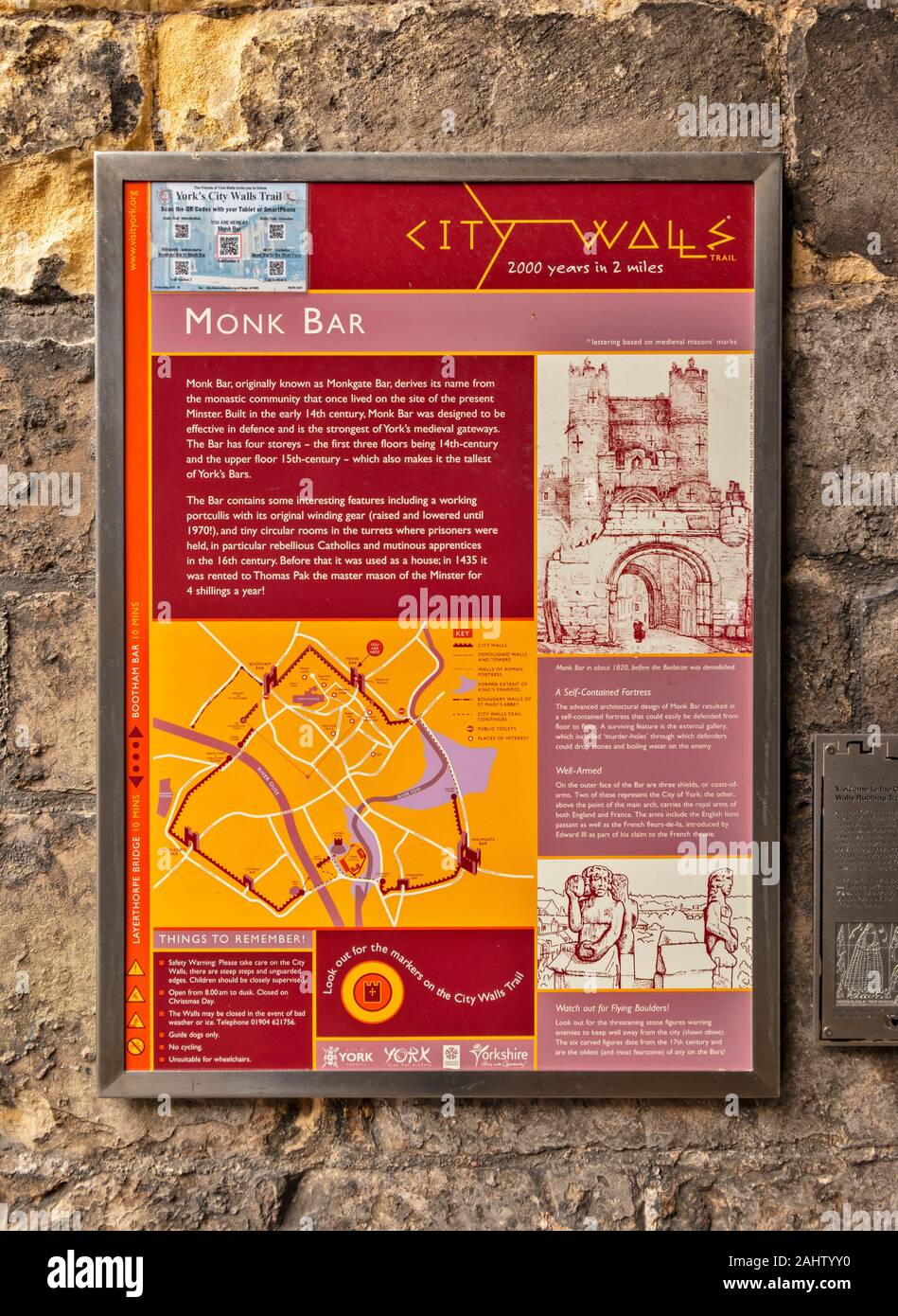 YORK ENGLAND INFORMATION SIGN WITH MONK BAR DETAILS Stock Photo - Alamy