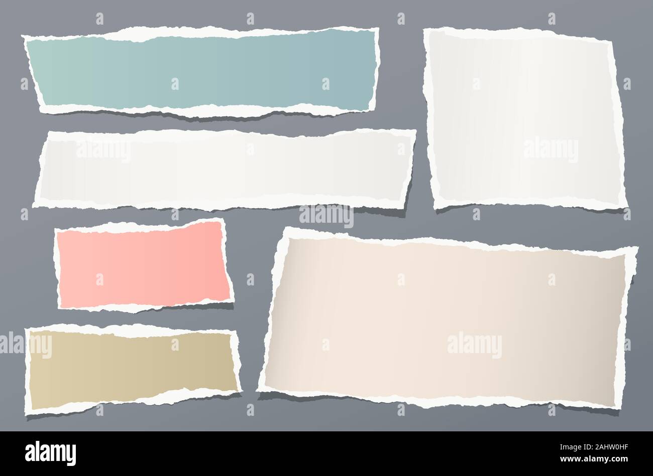 Set of torn white and colorful note, notebook paper pieces stuck on ...