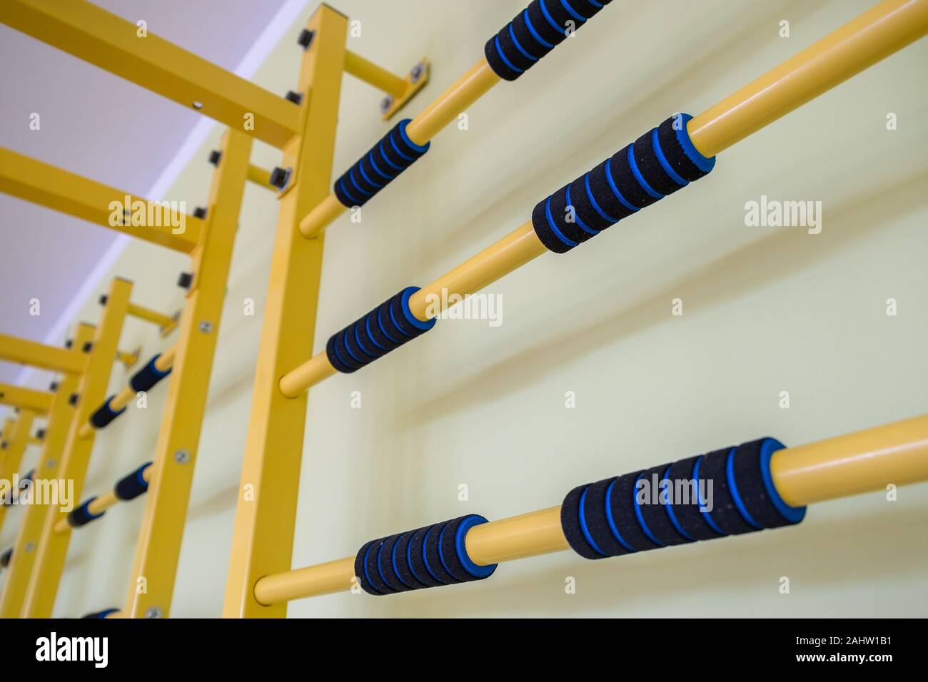 A wall with ladder bar for fitness training inside sports gym room in a ...