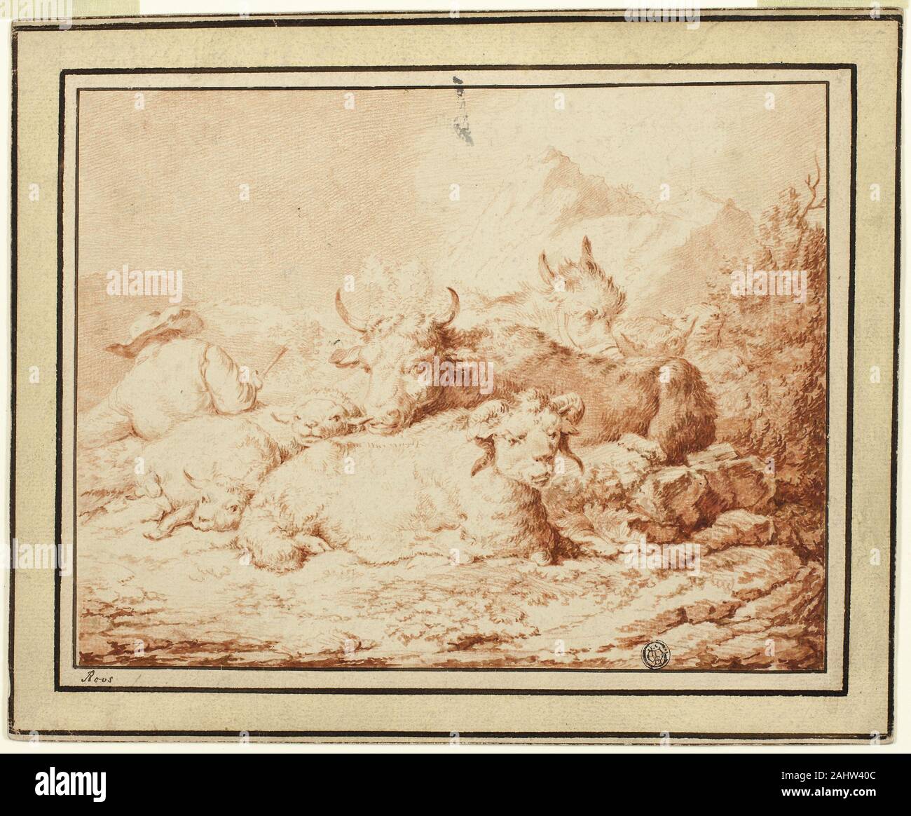Johann Heinrich Roos. Cattle and Sheep with Herdsman in Rocky Landscape ...