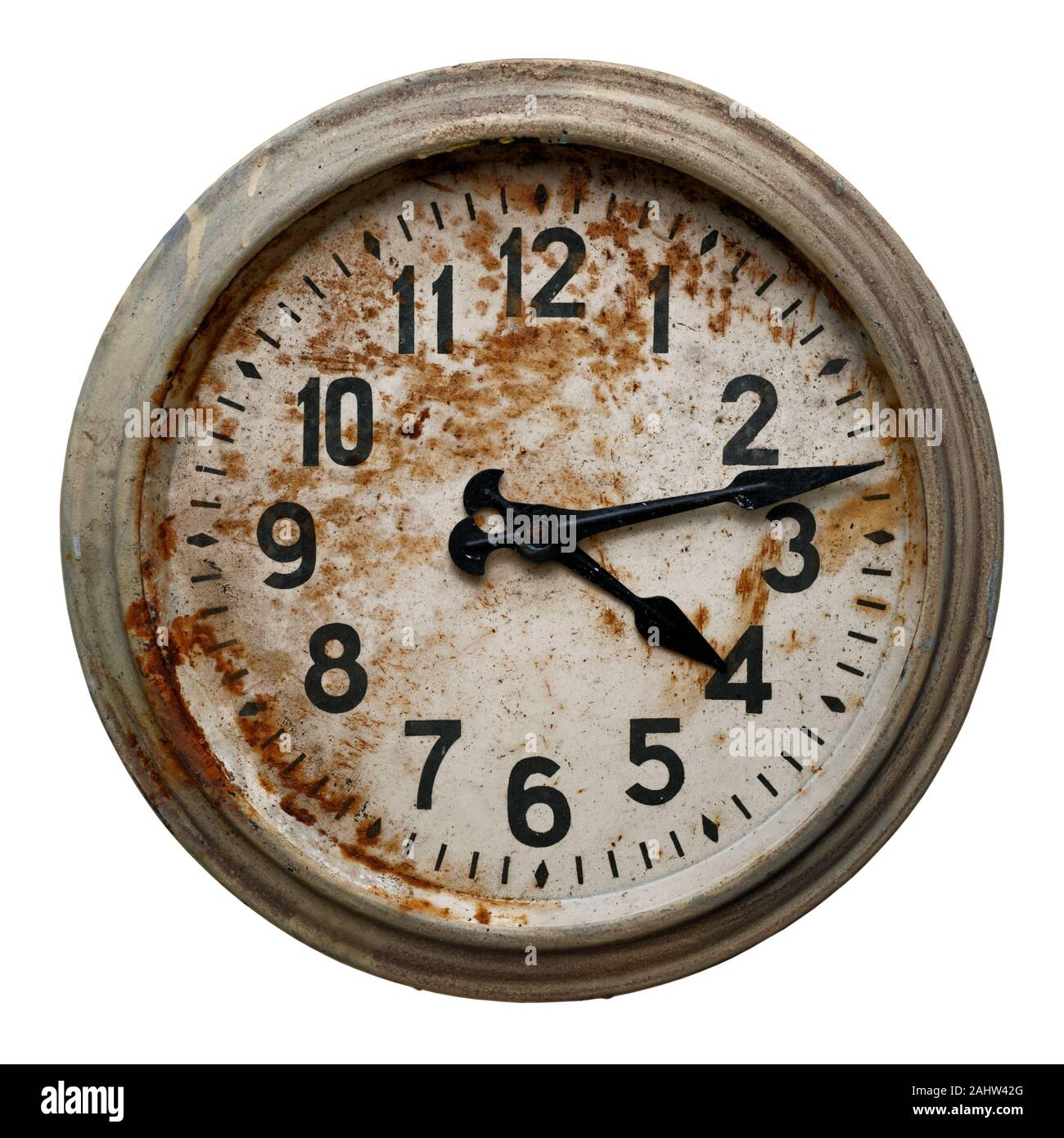 Isolated objects: Very old round wall clock, single, on white ...