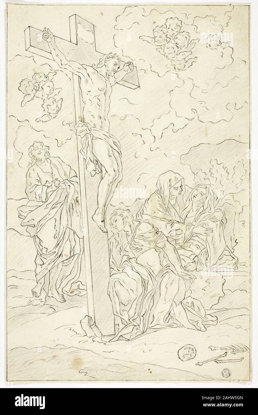 School of Francesco Solimena. Crucifixion with Saint John the Evangelist, the Virgin and Two ...