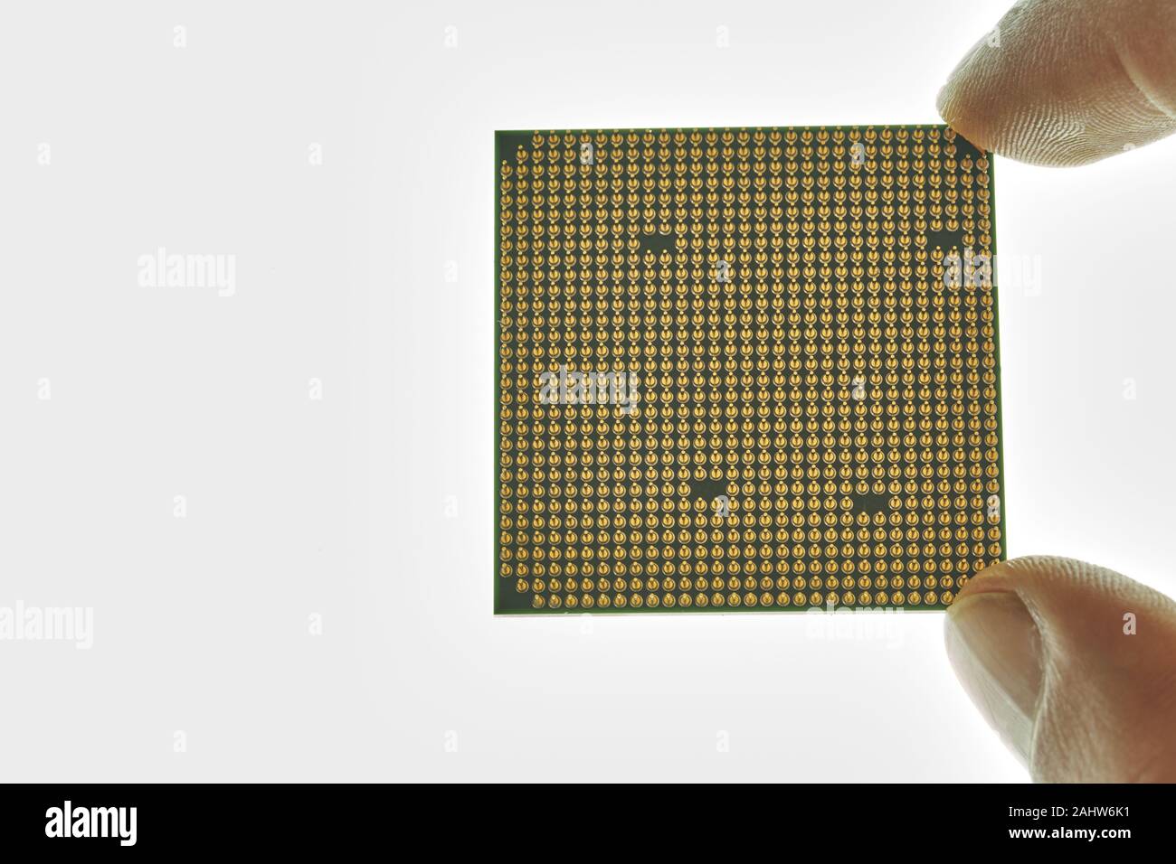 Caucasian person holding CPU core on white background Stock Photo - Alamy