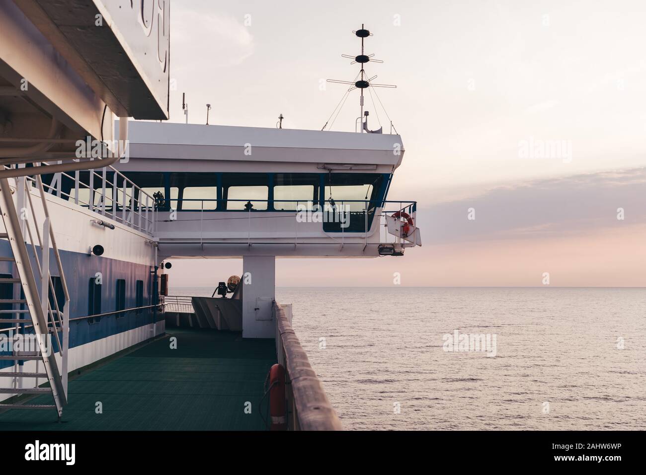 Bridge wing viev of a big car ferry heading from Helsinki Finland to ...
