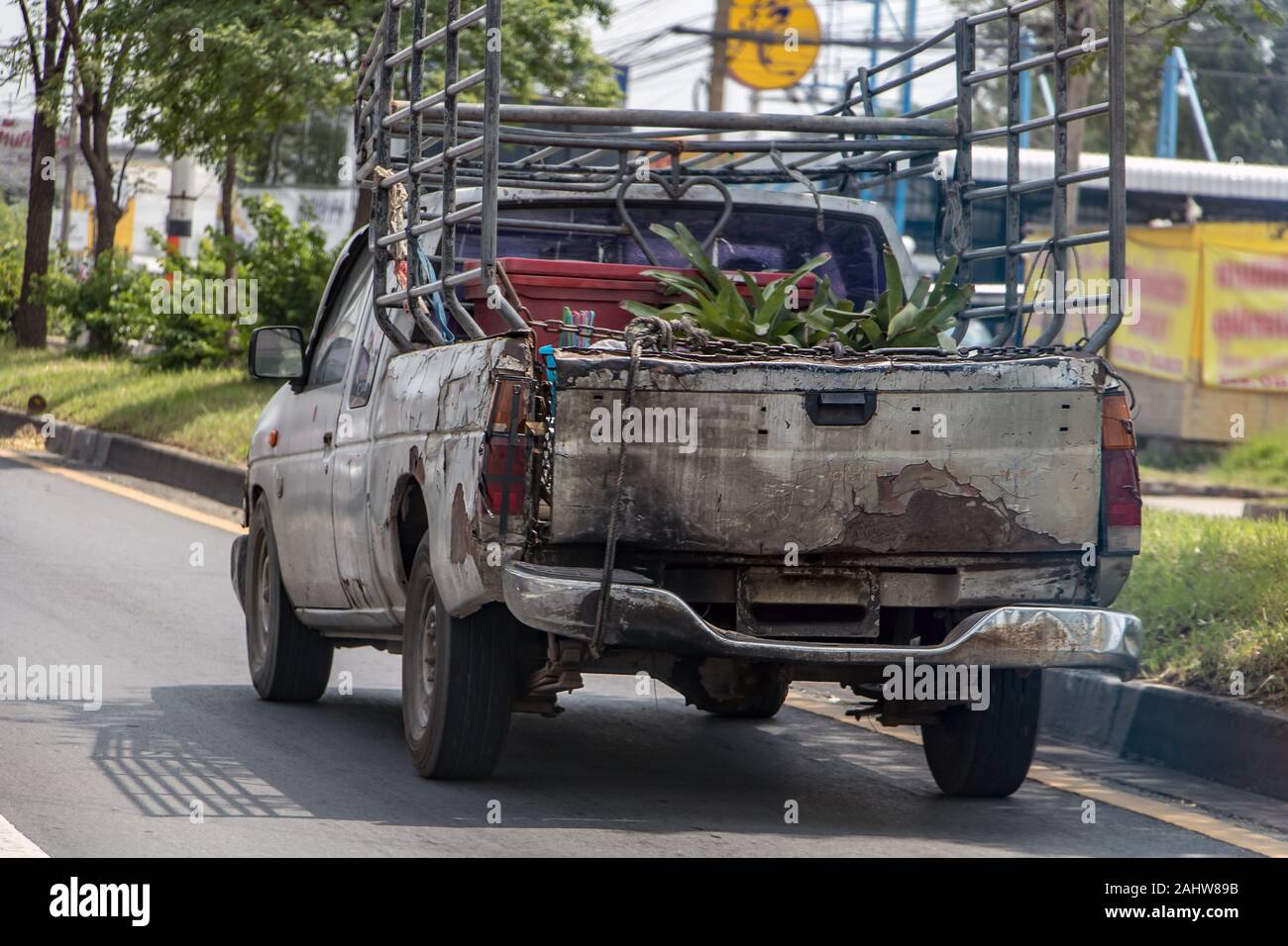 BANGKOK, THAILAND, OCT 10 2019, Rear view of old pickup truck with ...