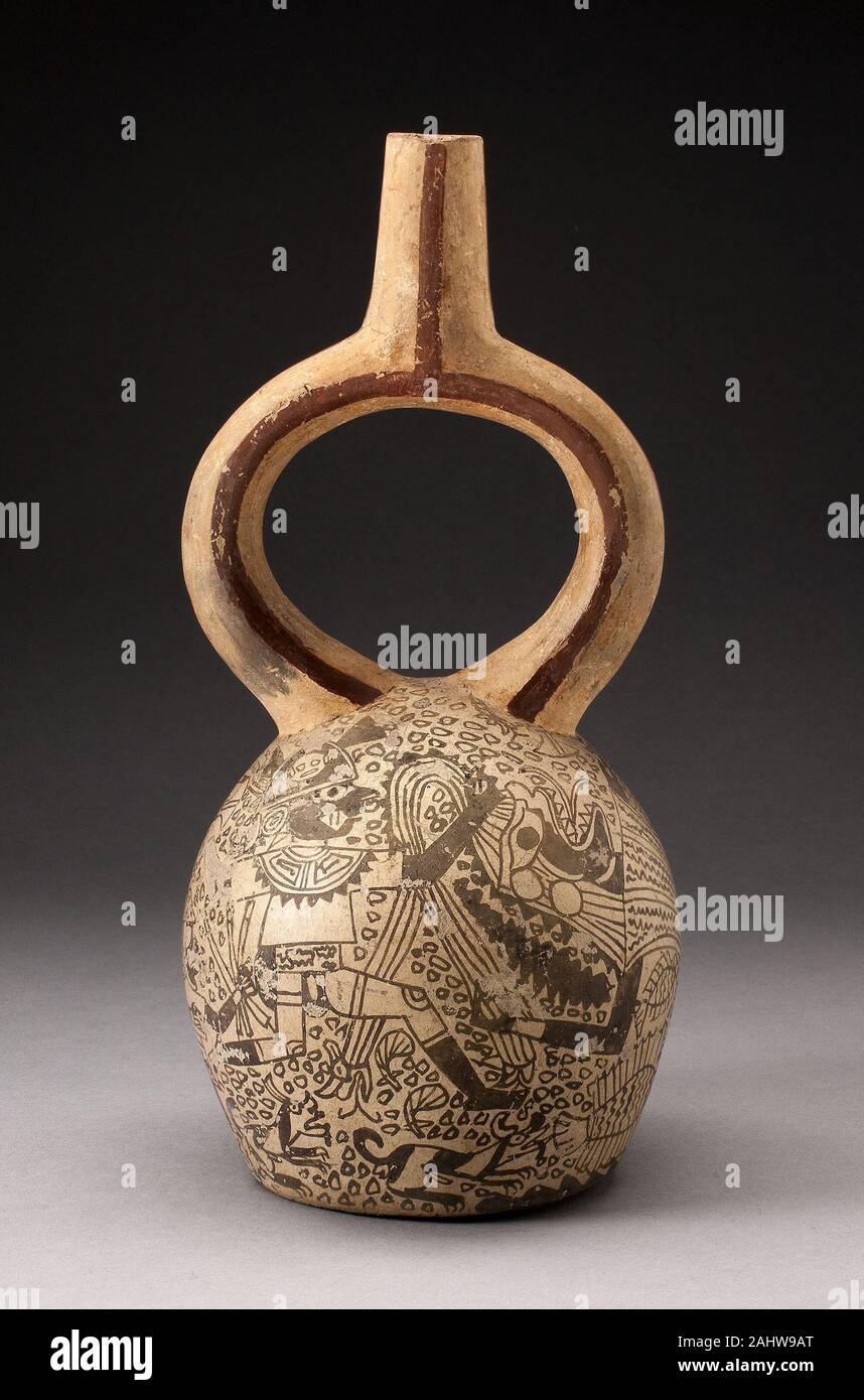 Moche. Stirrup Spout Vessel with Fineline Mythical Battle Scene. 100 BC ...