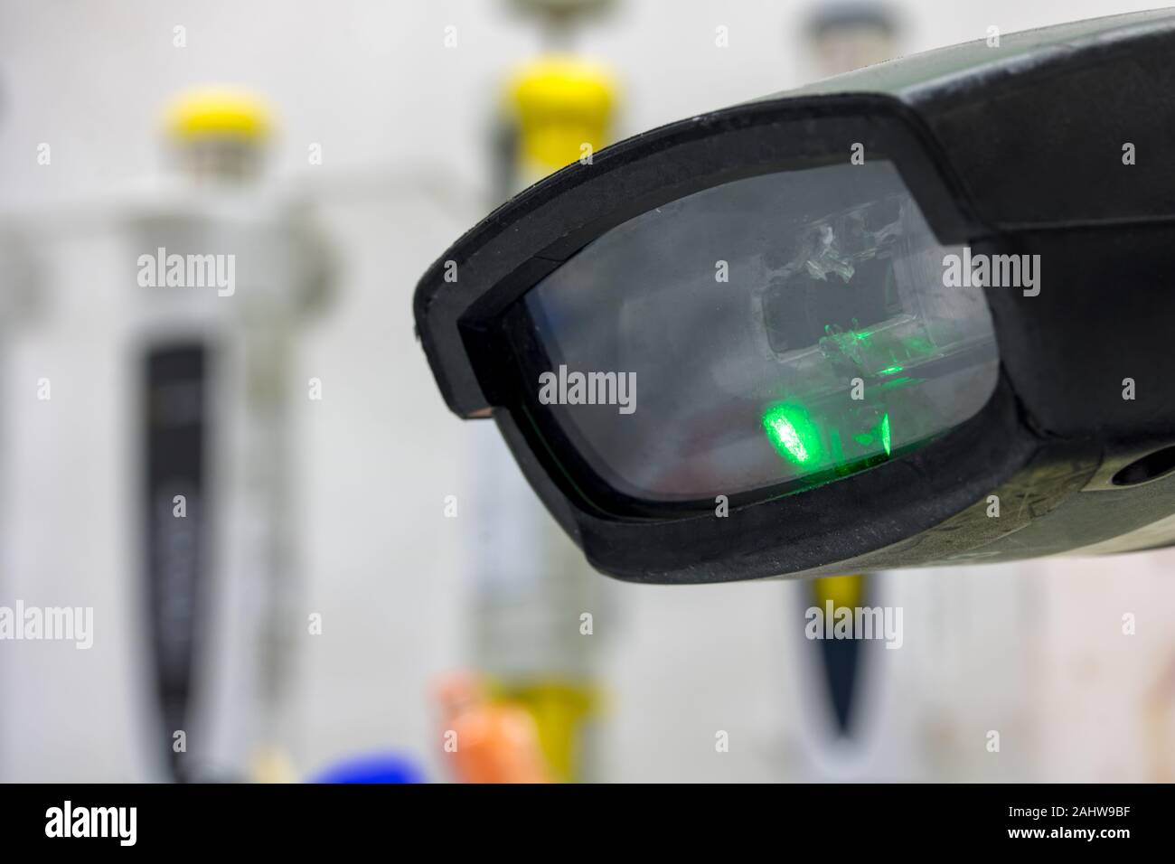 Barcode scanner ready for scan bar code of medical items on table in ...