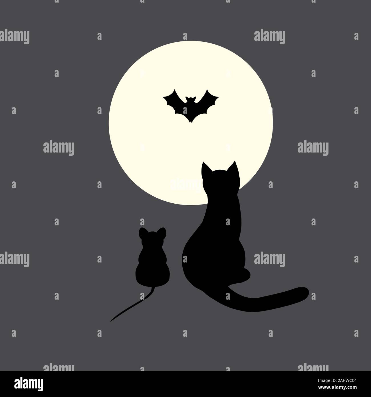 Cat and small mouse look at the bat against the background of the moon ...