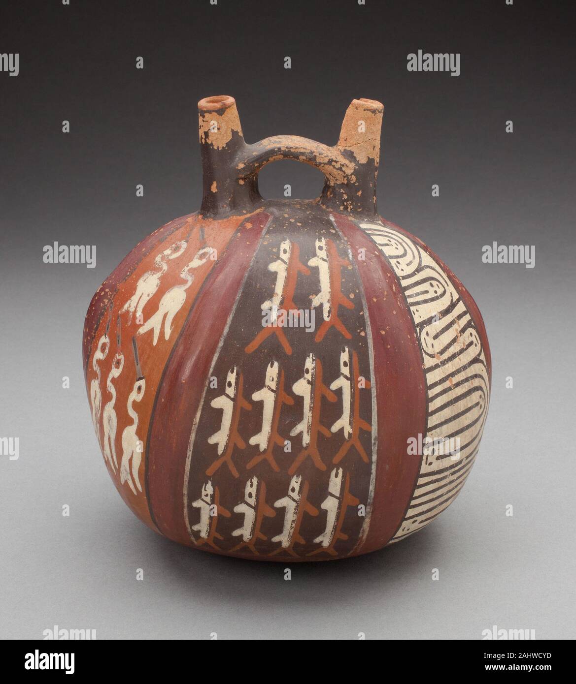 Nazca. Double Spout Vessel with Vertical Bands Depicting Fish, Birds ...