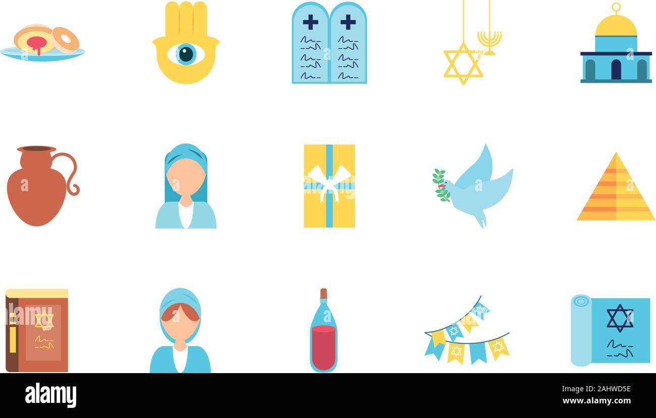 Jewish icon set design, Hanukkah holiday celebration judaism religion ...