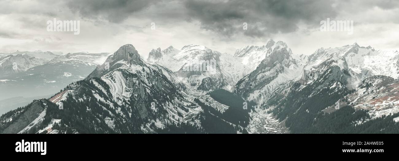 panoramic view to the massif of Alpstein in the winter season Stock ...