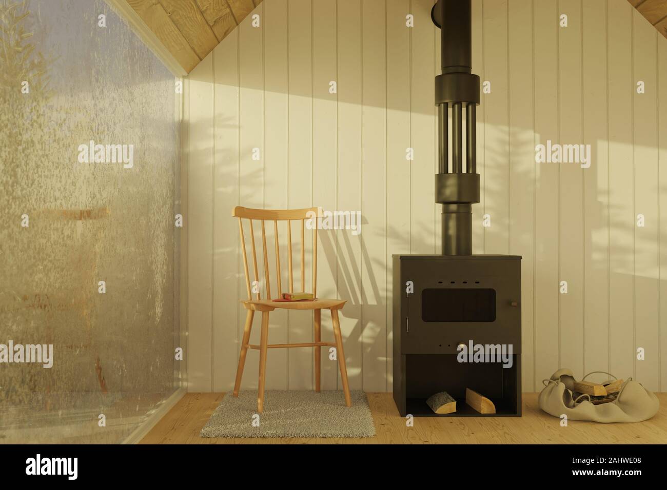 3d rendering of wooden chalet with steel fireplace next to the frozen ...