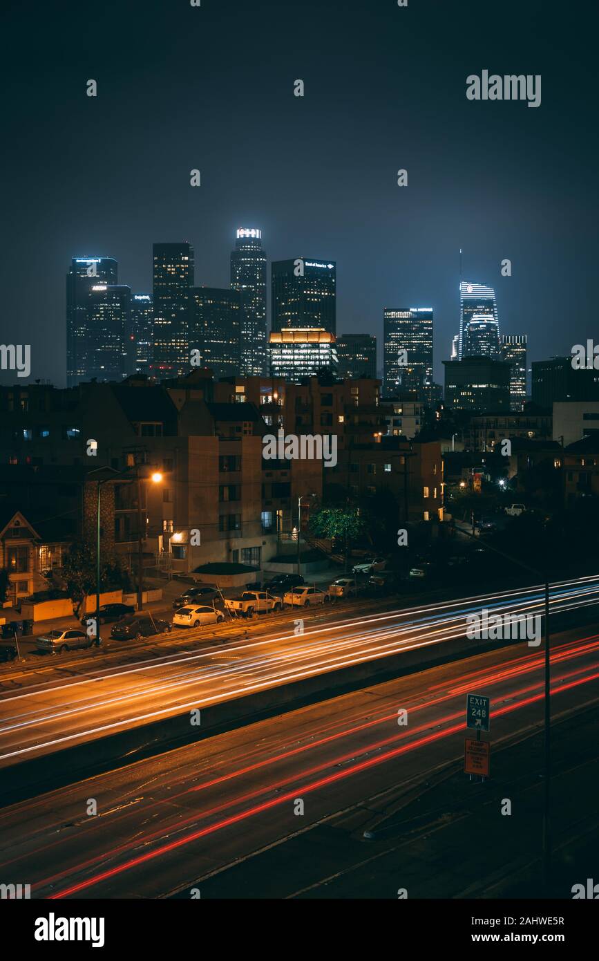 The 110 Freeway and downtown Los Angeles skyline at night Stock Photo ...