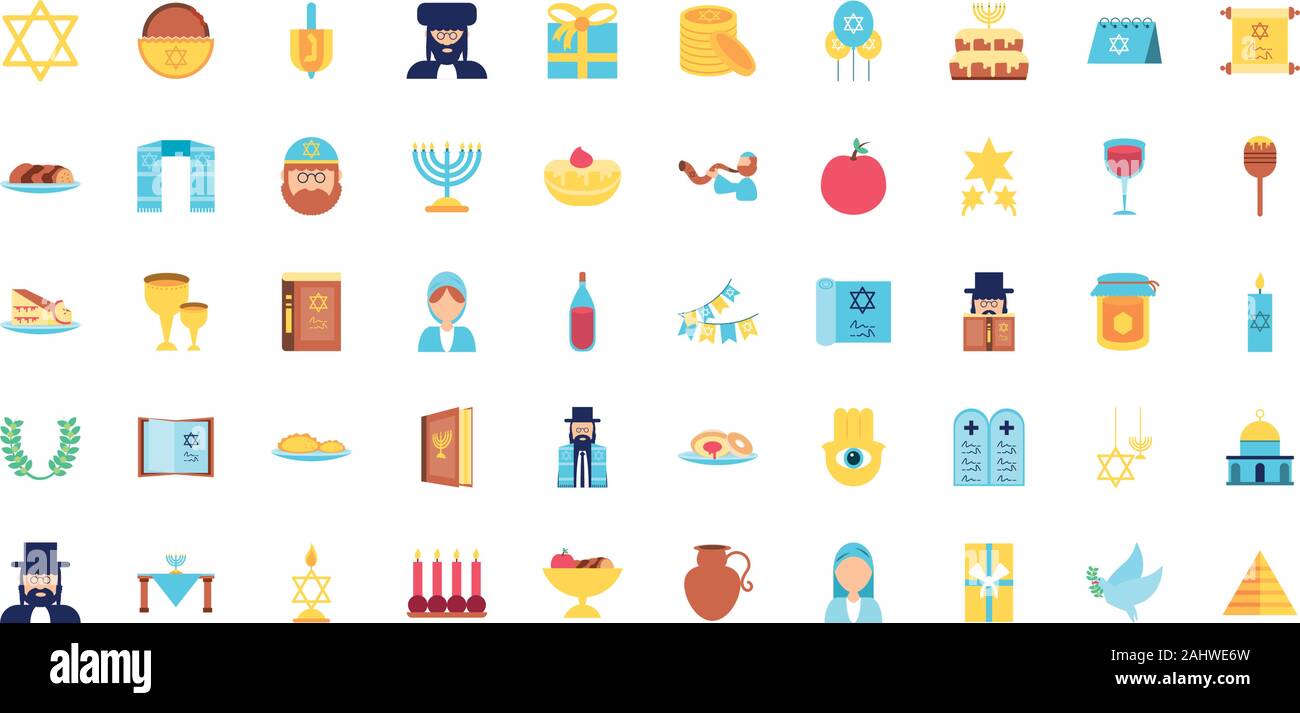 Jewish icon set design, Hanukkah holiday celebration judaism religion ...