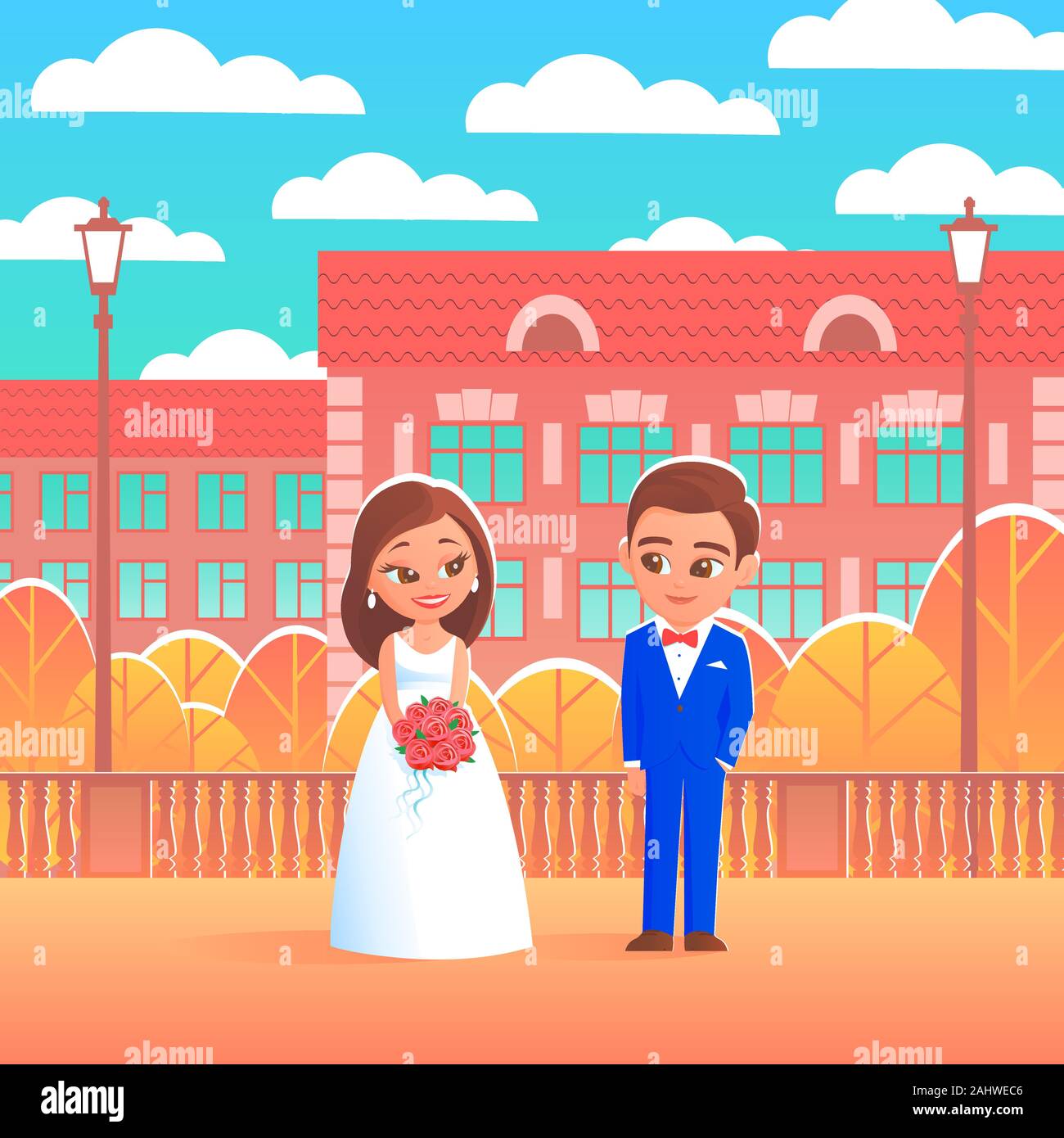 Beautiful and happy bride and groom on a wedding day walk in the sunny ...