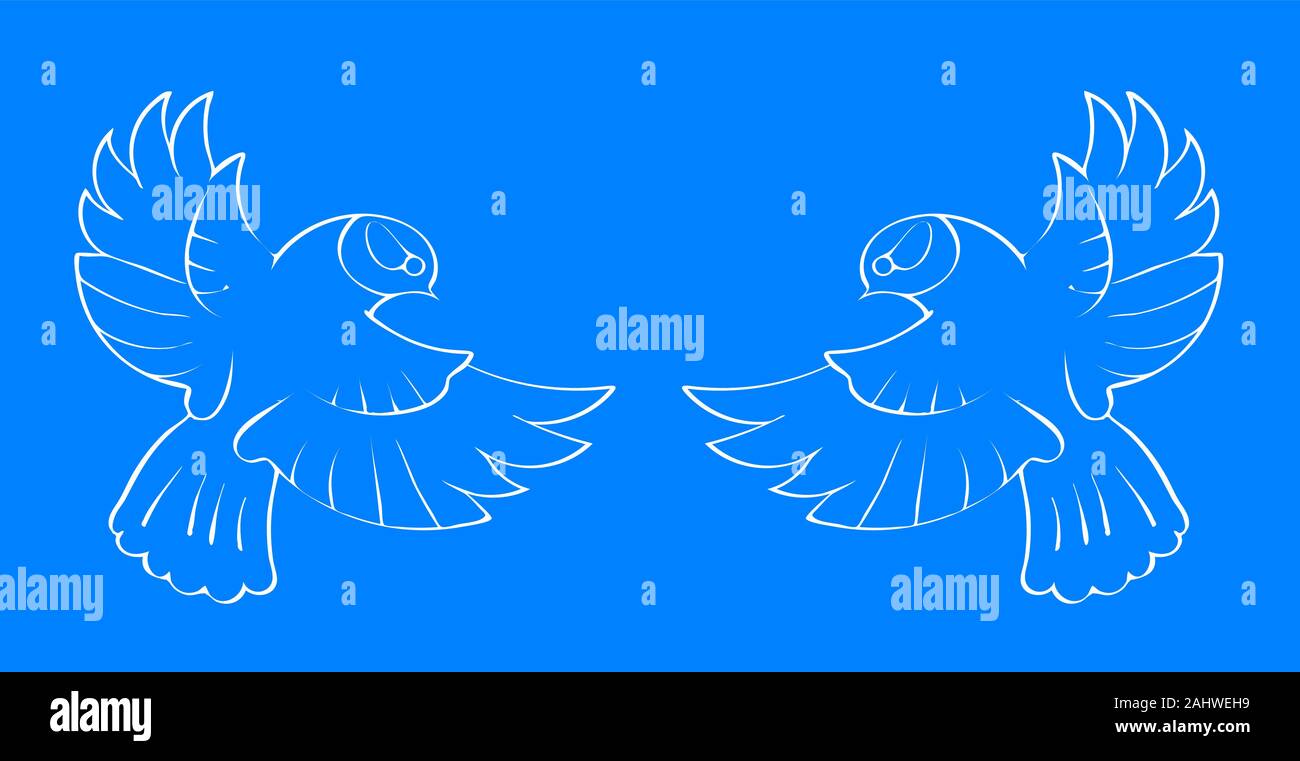 White contours of two small birds with spread wings on a blue ...