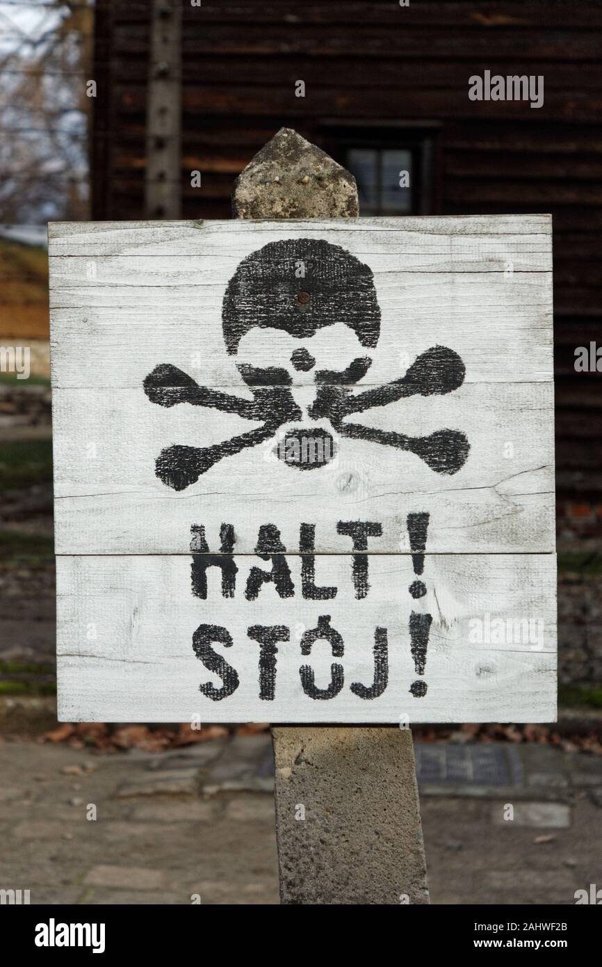 Halt sign at Auschwitz concentration camp, Oświęcim, Poland Stock Photo ...