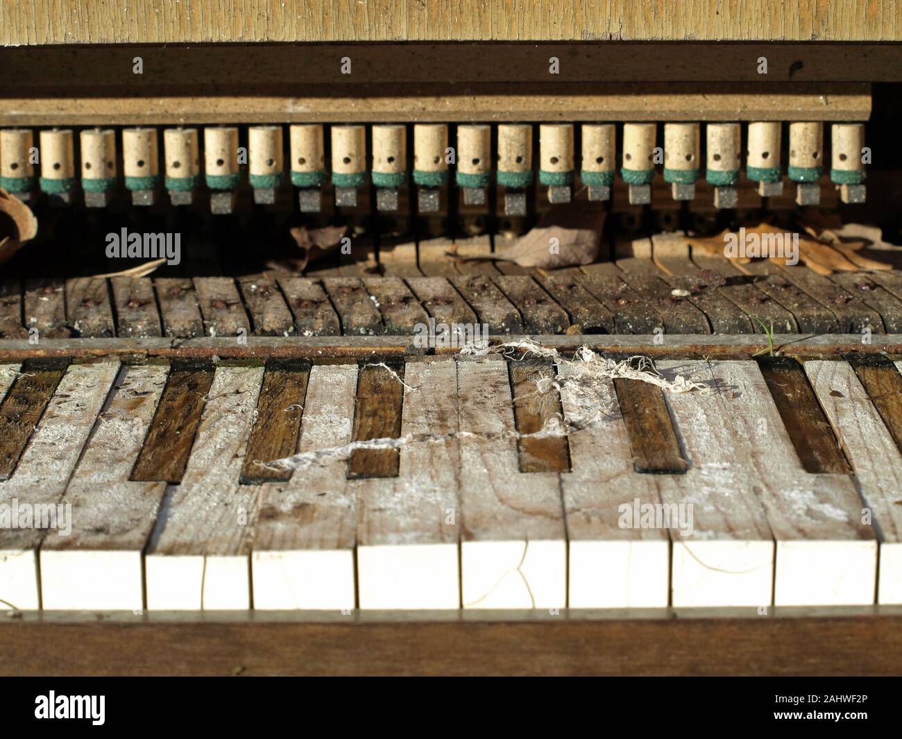 Closeup on details of a wrecked old piano in beautiful sunshine Stock ...
